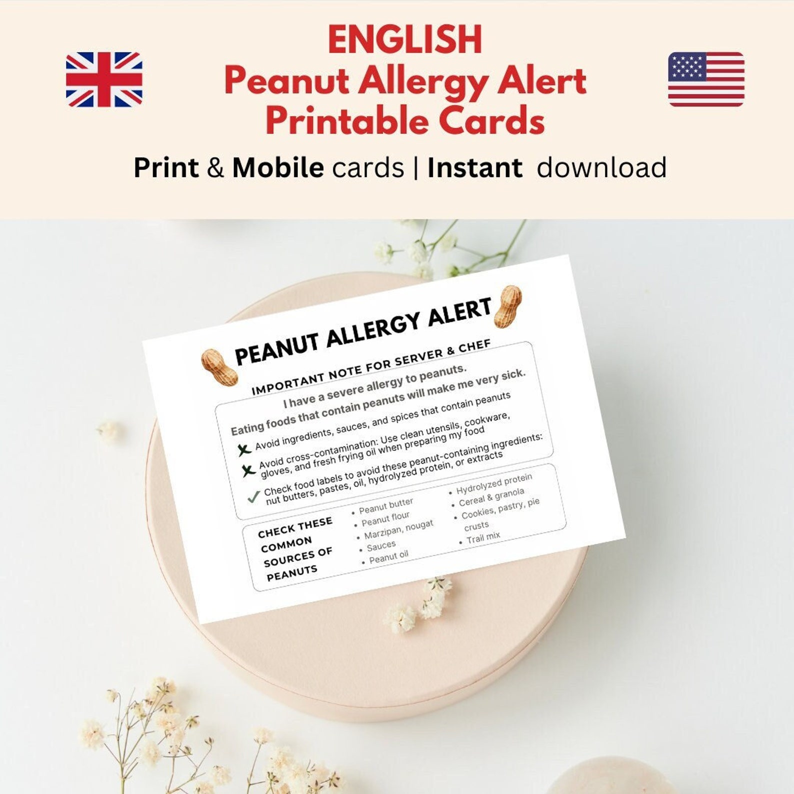 Printable English Peanut Allergy Card • Peanut Allergy Restaurant Card ...