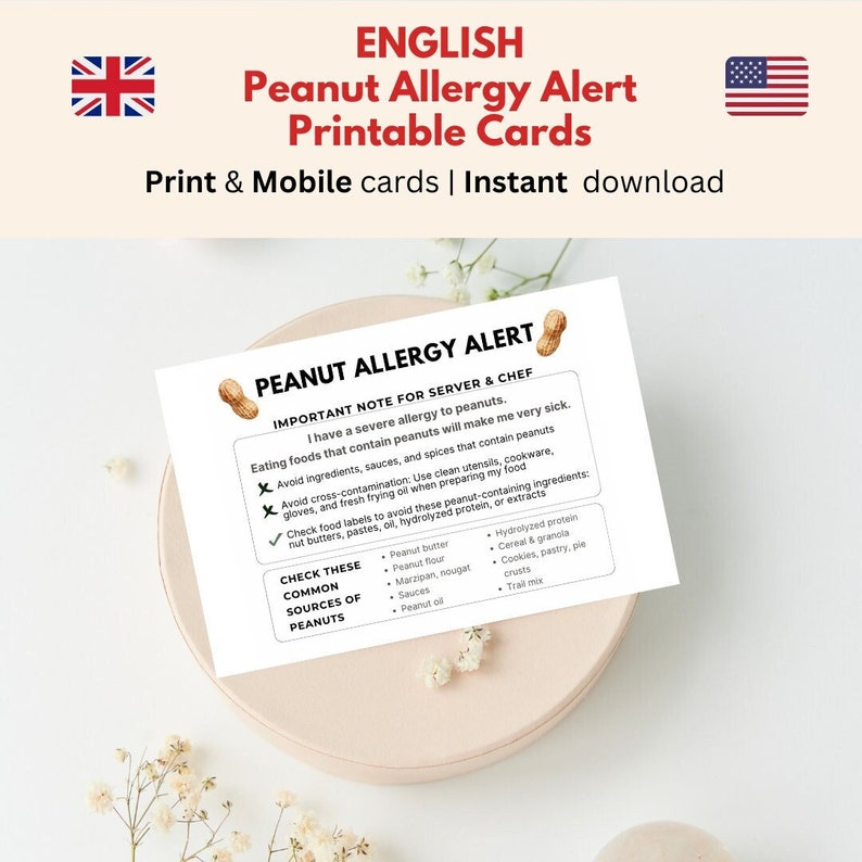Printable English Peanut Allergy Card • Peanut Allergy Restaurant Card • Allergy Travel Card ...