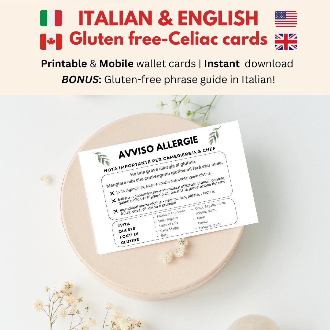 Printable Italian English Gluten Allergy Cards • Celiac Restaurant Card ...