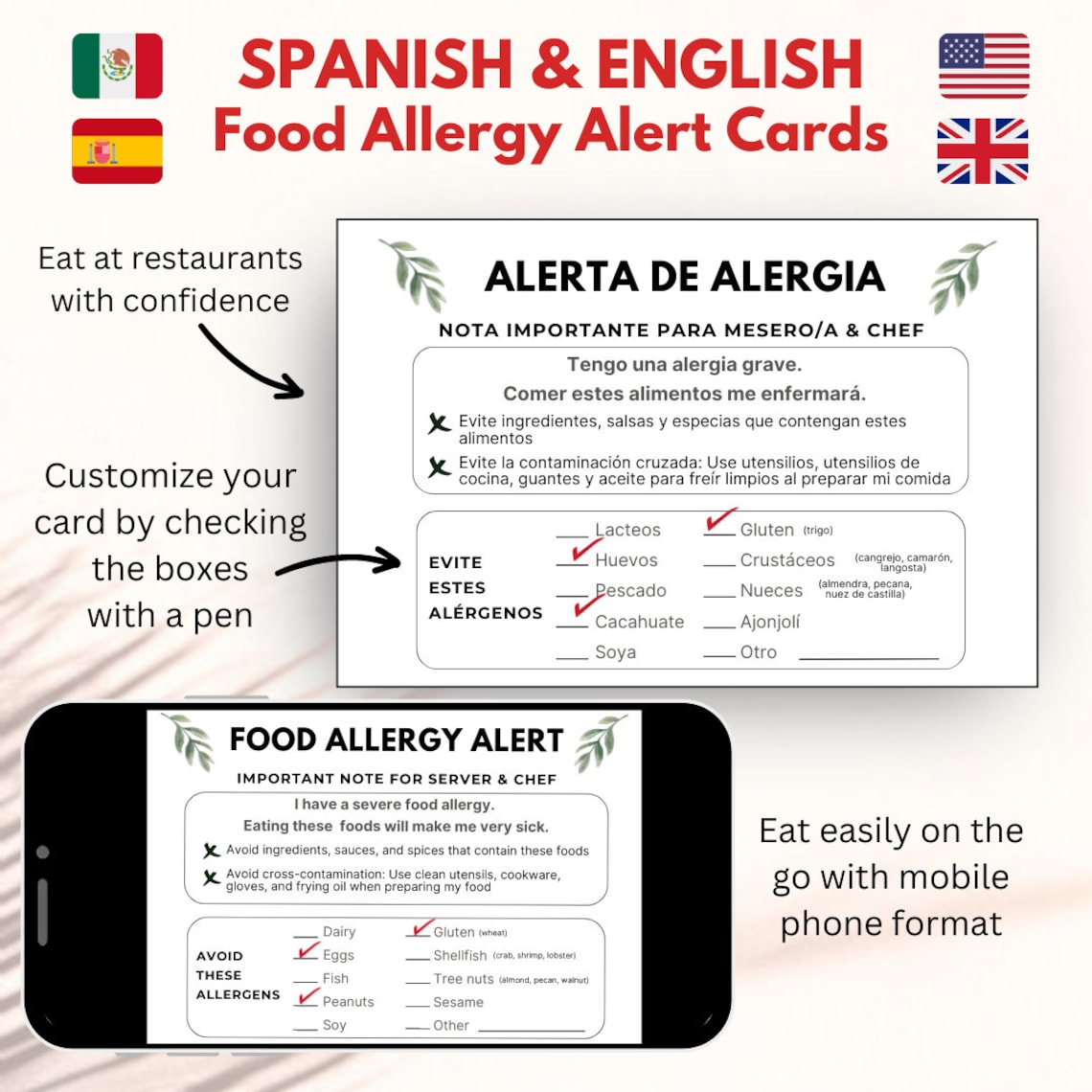 Printable Spanish English Food Allergy Card • Customizable Restaurant ...