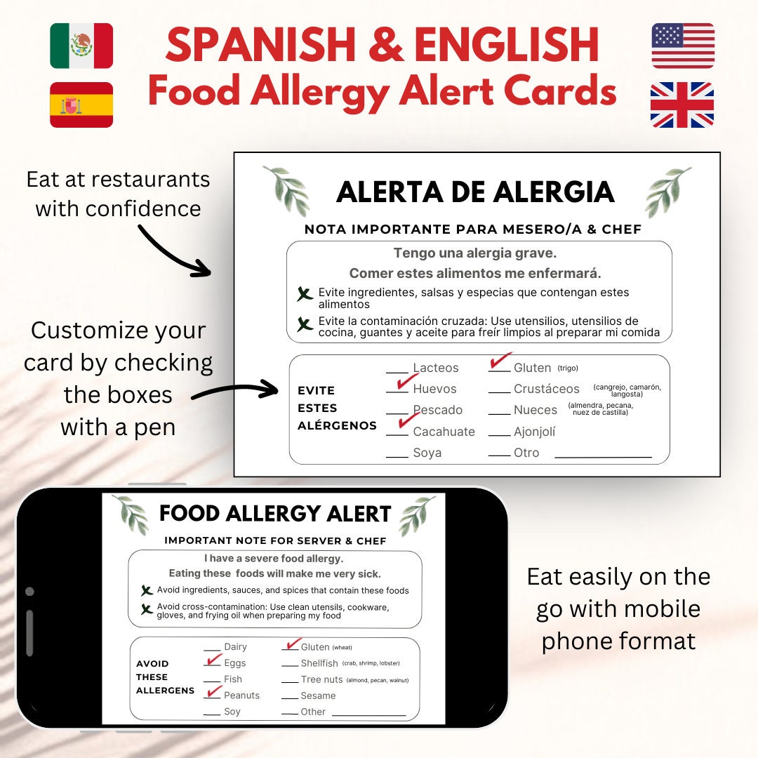 Printable Spanish Food Allergy Card • Customizable Restaurant Allergy Alert Card • Spanish ...