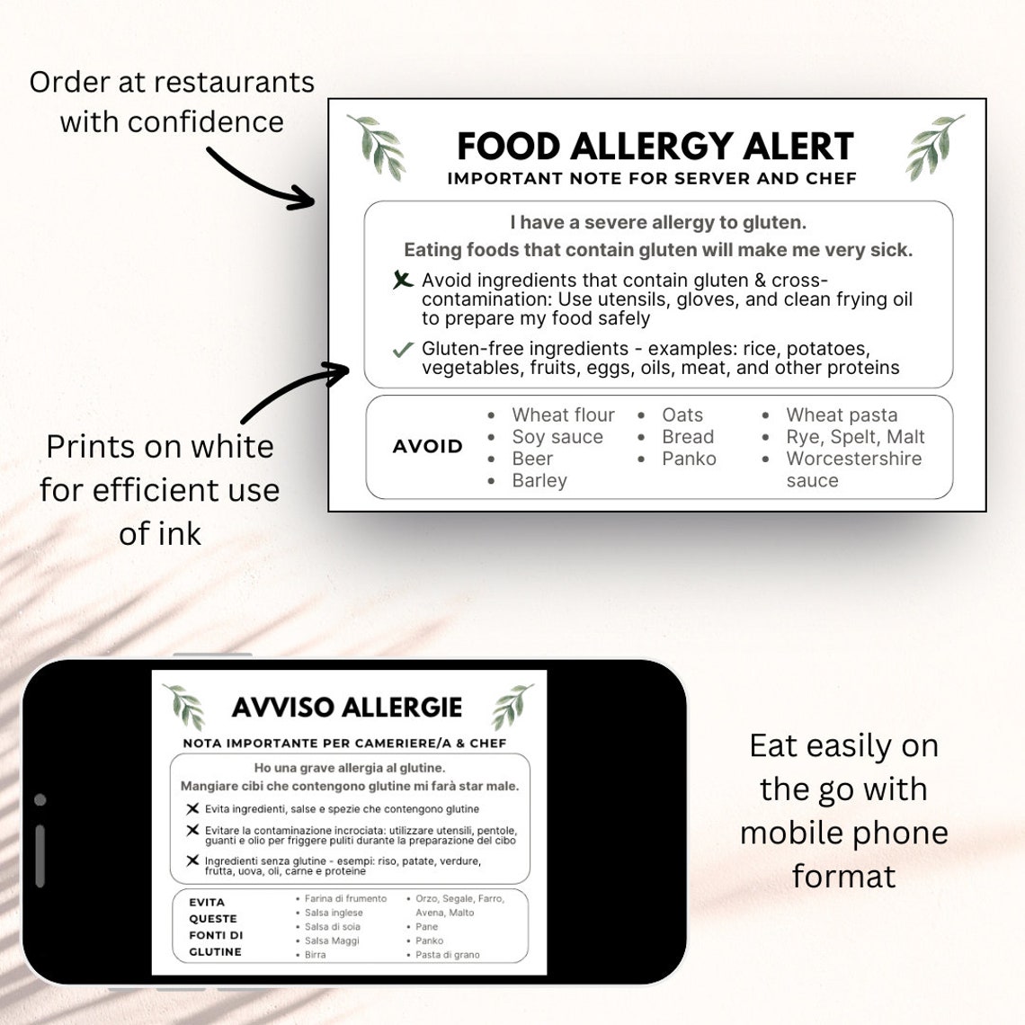 Printable Italian English Gluten Allergy Cards • Celiac Restaurant Card ...
