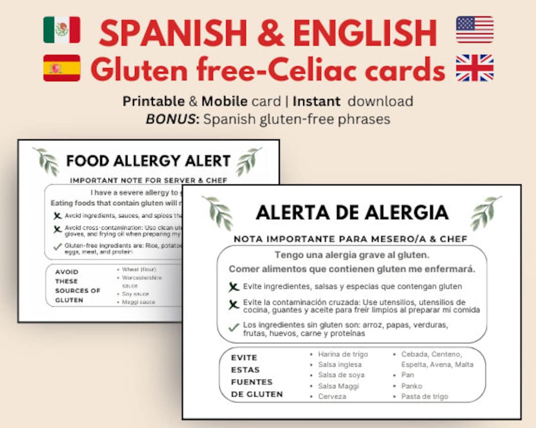 Spanish Gluten-free Card Printable Celiac Restaurant Card Spanish Latin ...