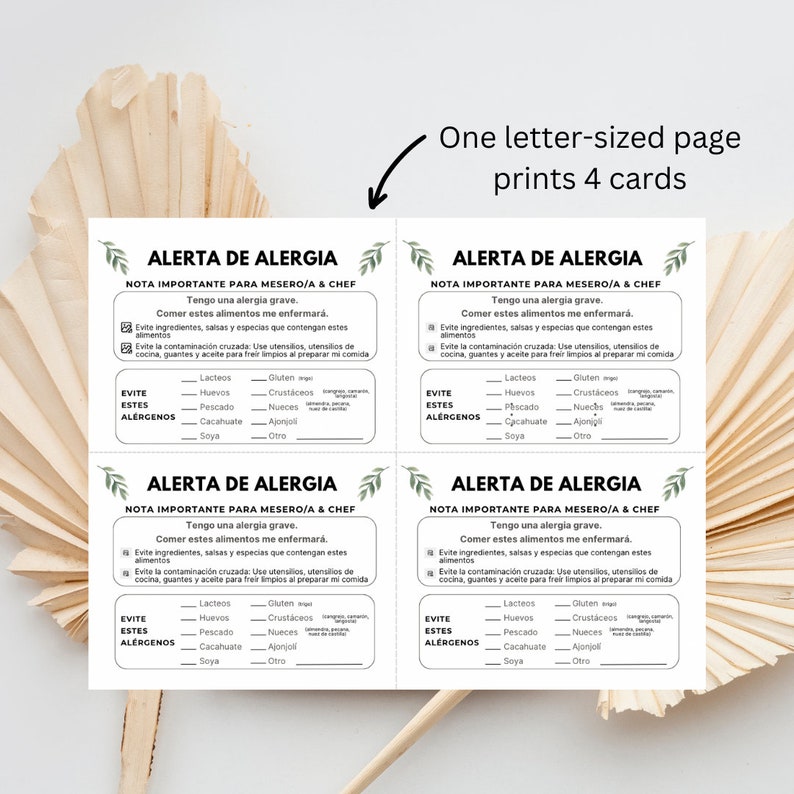 Printable Spanish Food Allergy Card • Customizable Restaurant Allergy Alert Card • Spanish ...