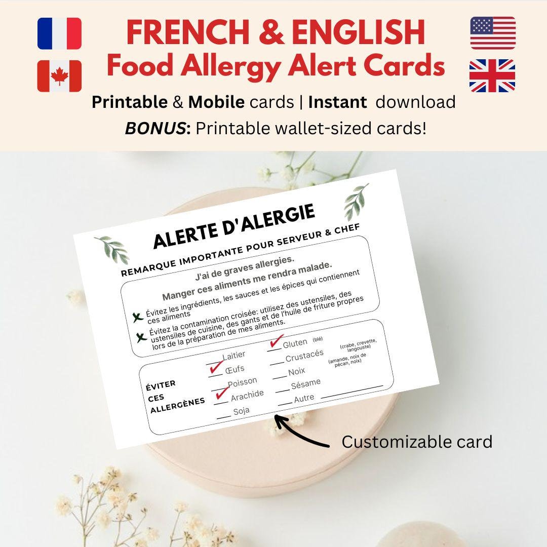 Printable French Food Allergy Card • Customizable Restaurant Allergy ...