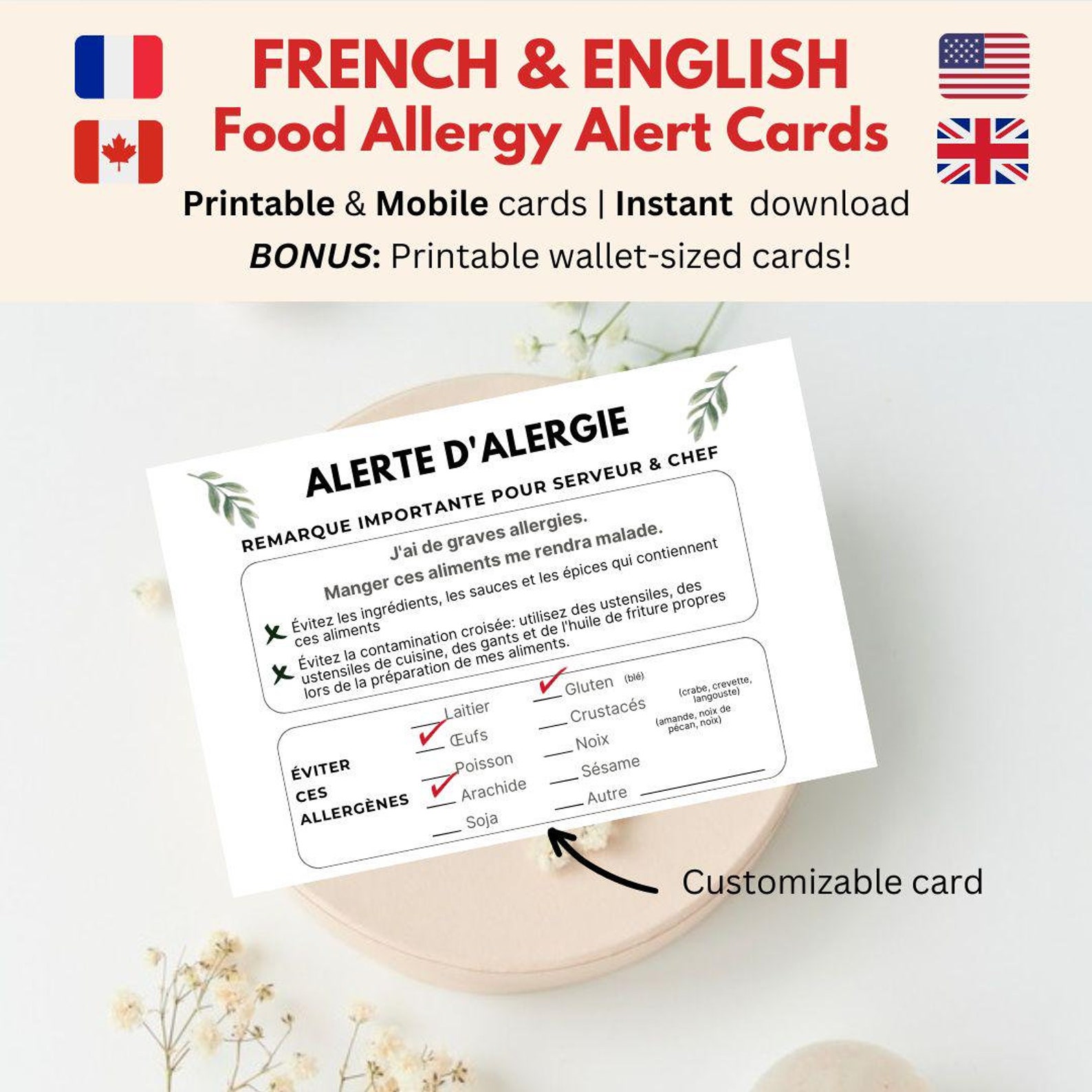 Printable French English Food Allergy Card • Customizable Restaurant ...