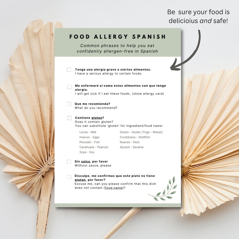 Printable Spanish Food Allergy Card • Customizable Restaurant Allergy Alert Card • Spanish ...