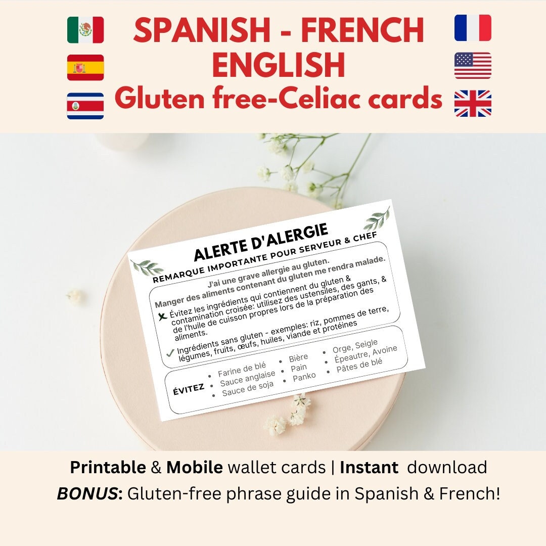 Printable Spanish French English Gluten Allergy Cards • Celiac ...
