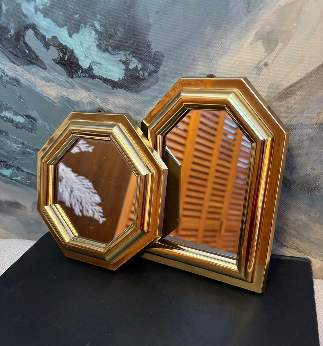Vintage 80s Wall Mirrors Pair of Brass Look Plastic Frame Glass Mirrors ...