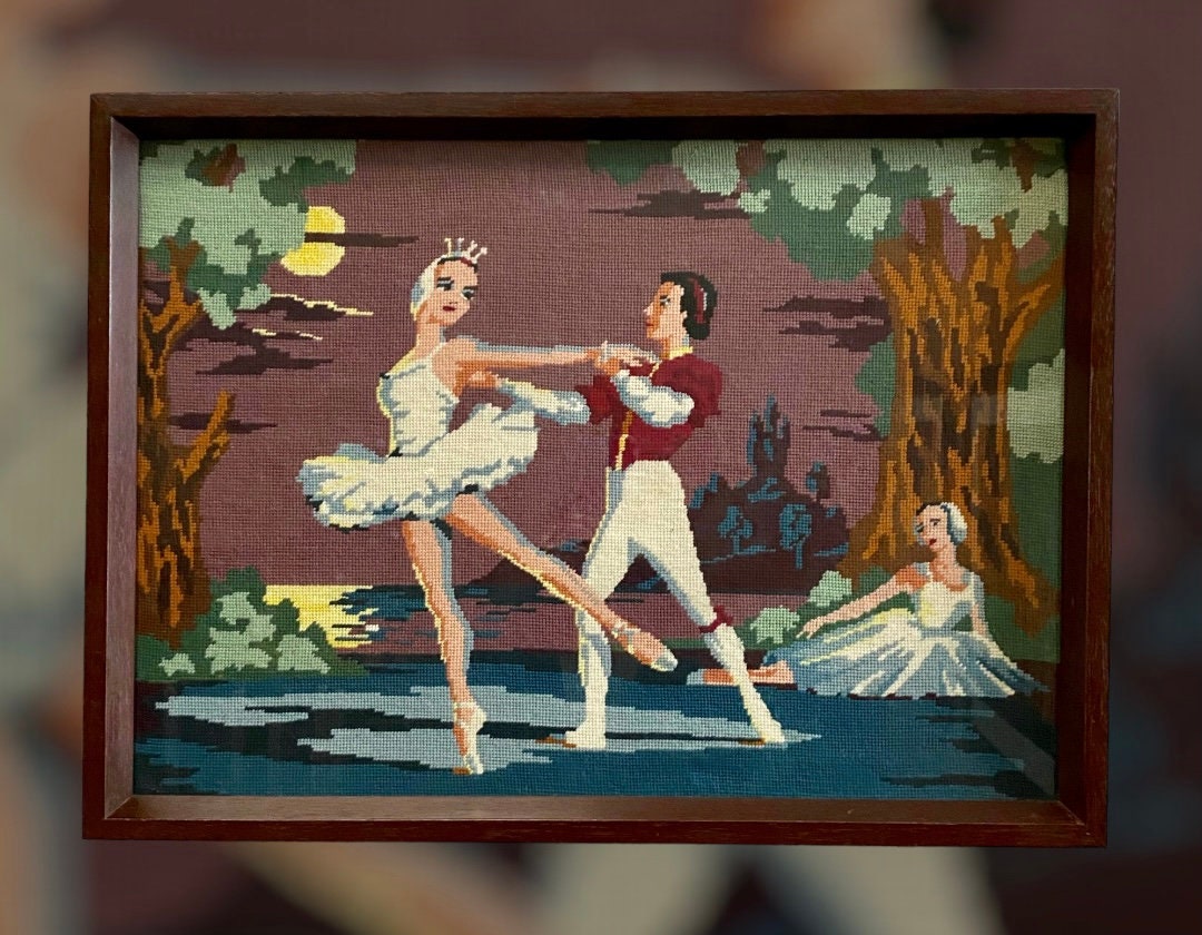 Vintage 1960s Swan Lake Ballet Needlepoint Tapestry Framed Rare Large ...