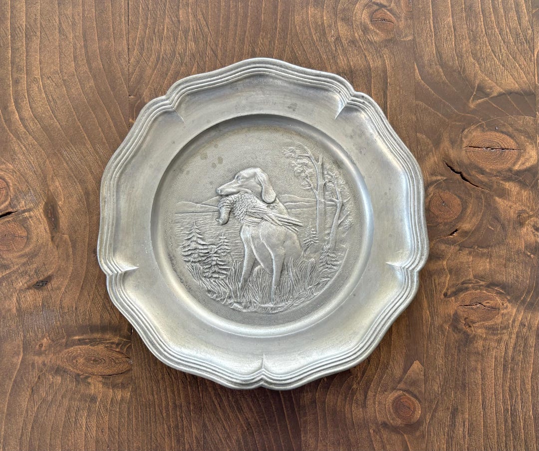 Vintage Pewter Plate Hunting Dog Pressed Motif Dog Game Bird Hunt ...