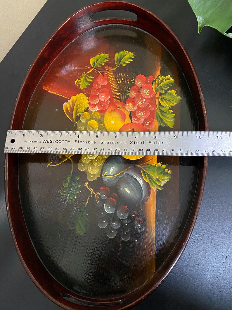 Antique Tole Hand Painted Tray Wood Oval Handled Folk Art Painted Art ...