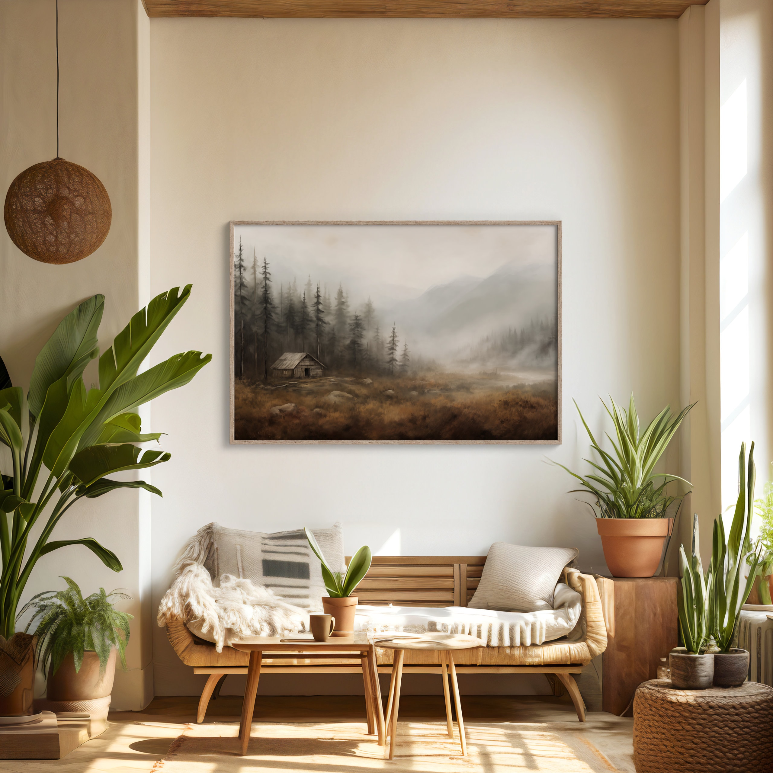 Rustic Cabin Foggy Forest Print Wall Art, Antique Cabin in a Forest ...