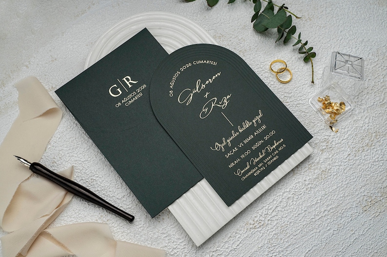 Gold Foil Oval Wedding Invitation Cards, Unique Invitation, Minimal ...