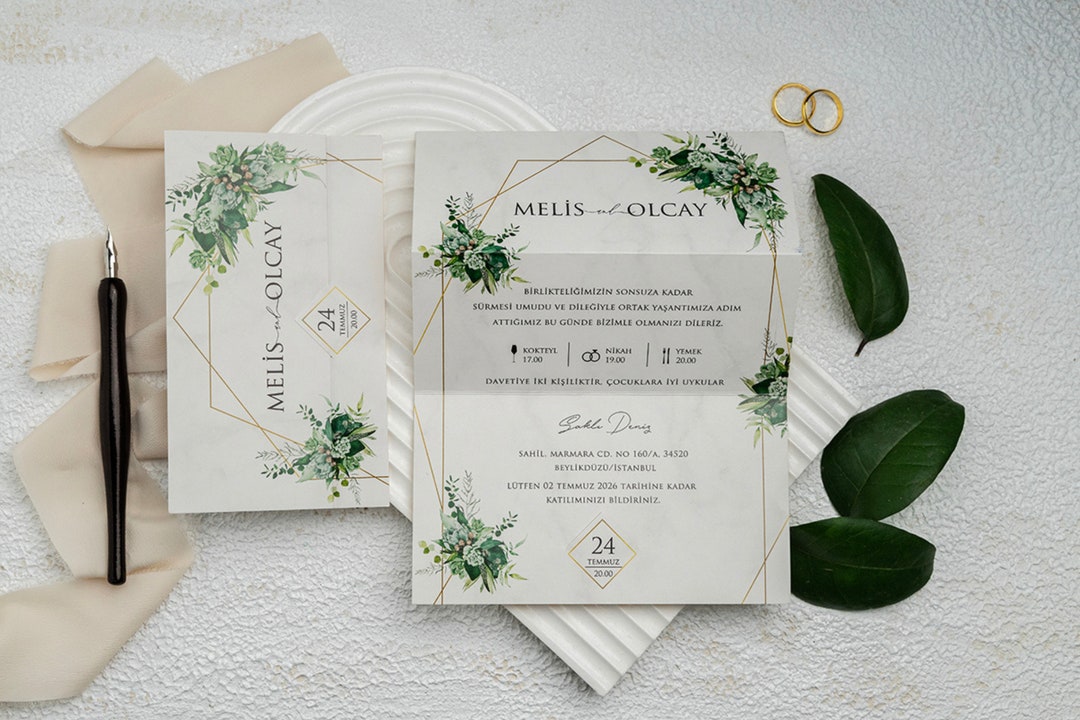 Minimal Wedding Invitation Card, Leaf Decorated Invitation Card, Unique ...