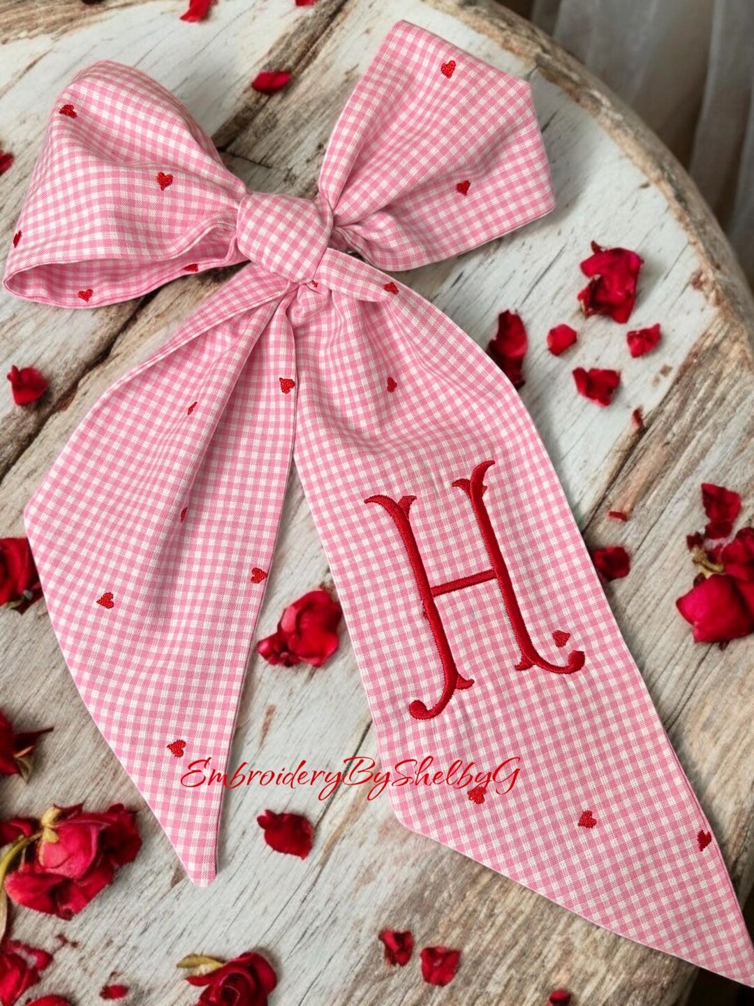 VALENTINE Wreath SASH, Pink With Red Embroidered Hearts and Red Initial ...