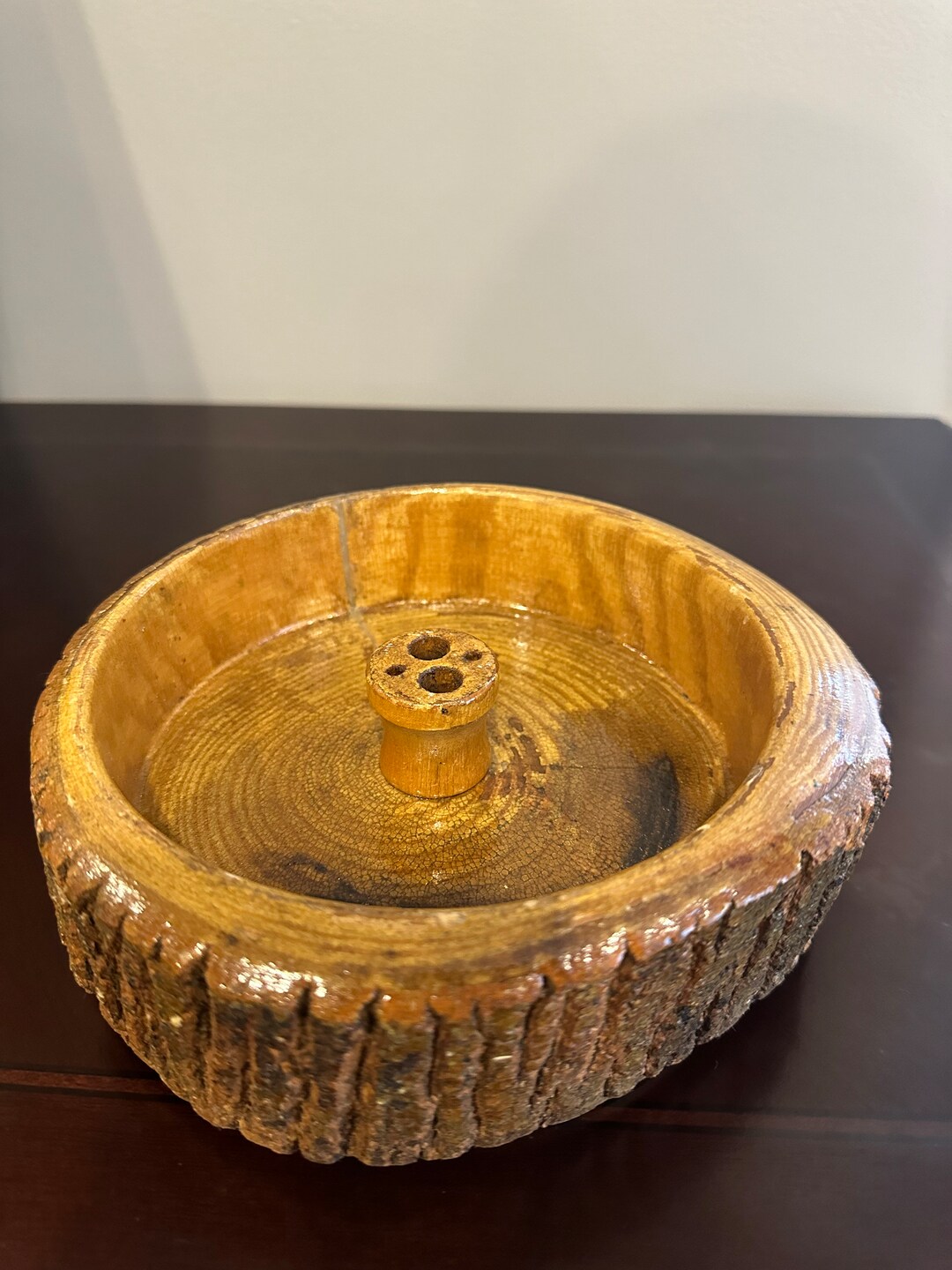 Vintage Mid Century Modern Wood Tree Bark Nut Cracker Bowl Live Edge 8 ...
