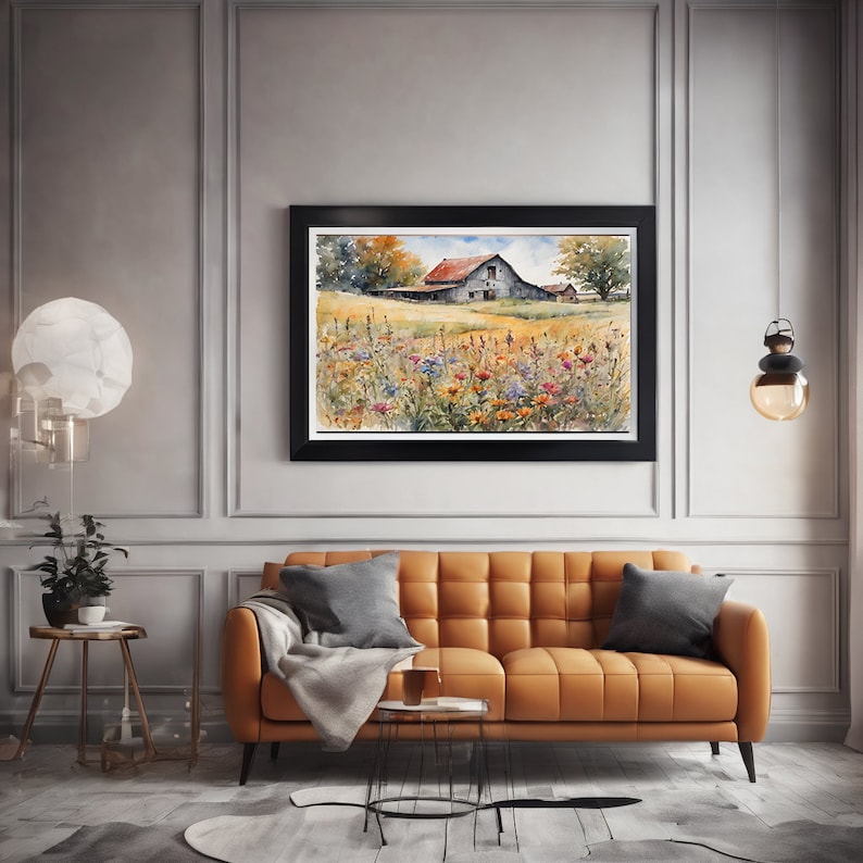 Rustic Elegance - Old White Barn and Wild Flowers - Watercolor Digital ...