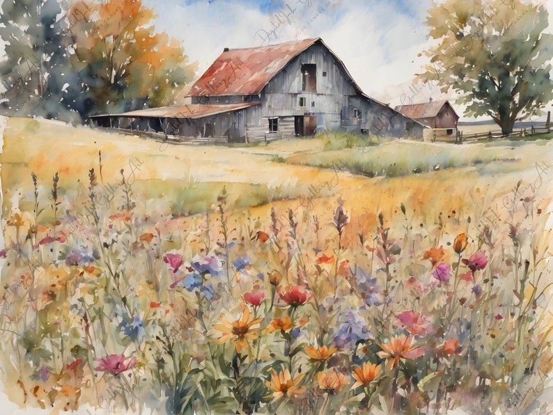 Rustic Elegance - Old White Barn and Wild Flowers - Watercolor Digital ...