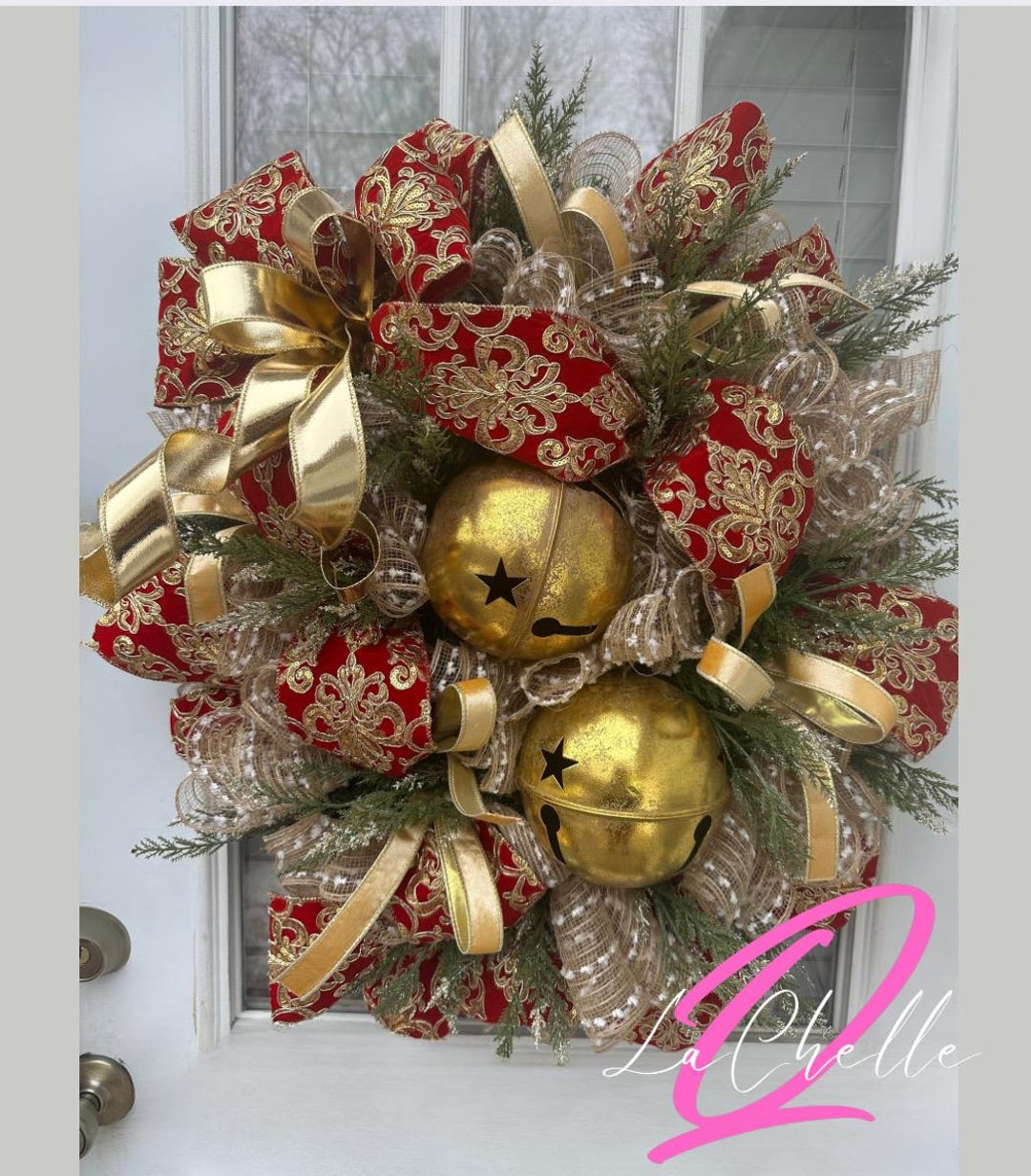 Christmas Wreath, Bell Wreath, Red and Gold Wreath, Gold Bell Wreath ...