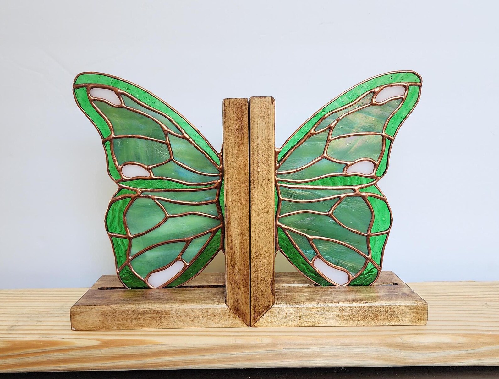 Handcrafted Stained Glass Butterfly Bookends Iridescent Green Wings ...