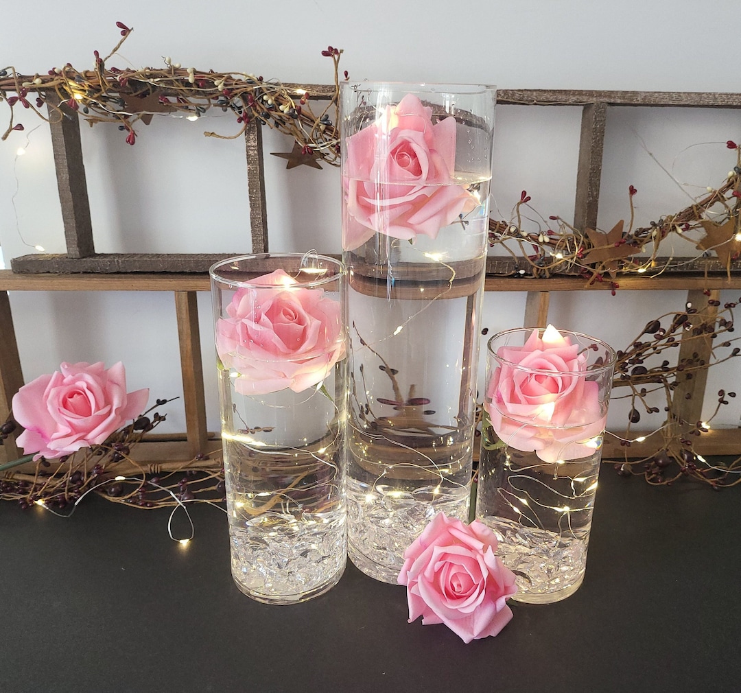 Set of 3 - Rose Wedding Centerpiece LED Lights Submersible Floral Glass Cylinder Vases for Table ...