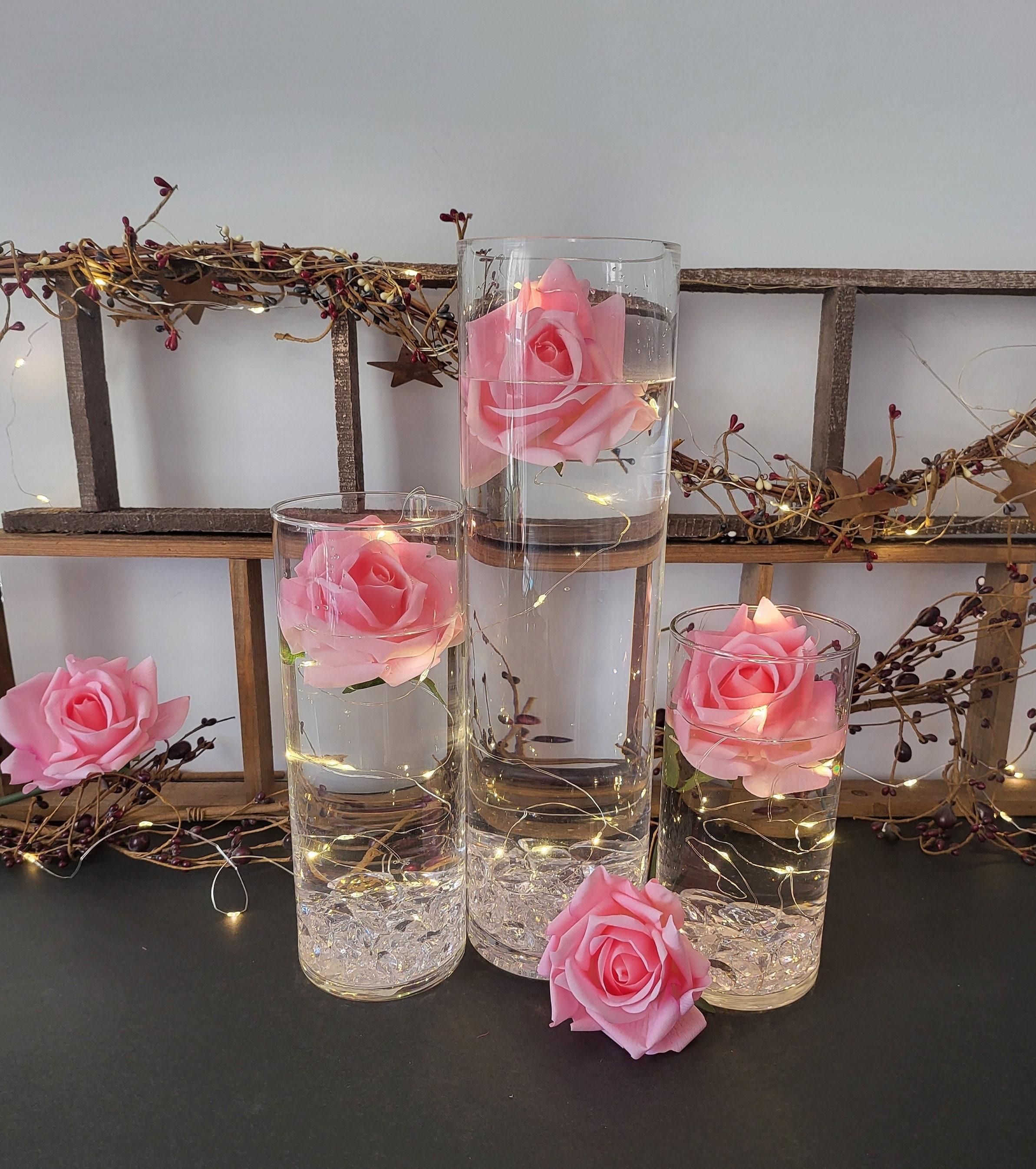 Set of 3 Rose Wedding Centerpiece LED Lights Submersible Floral Glass ...