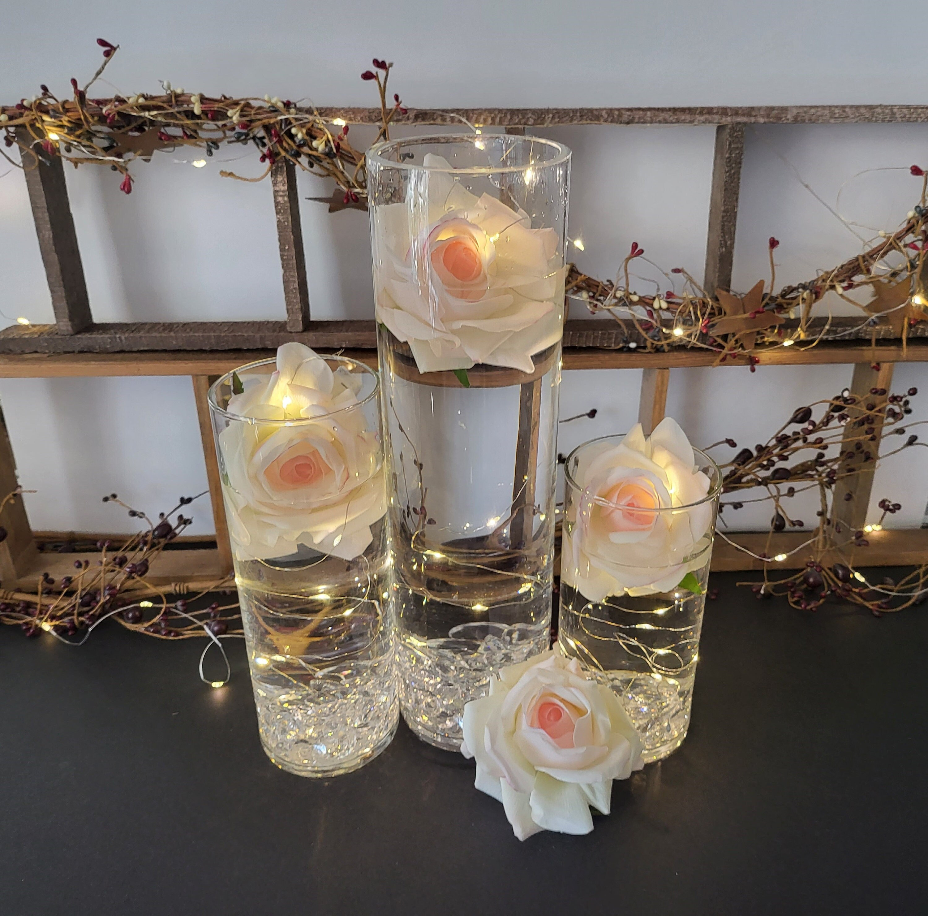 Set of 3 White Rose Wedding Centerpiece LED Lights Submersible Floral ...