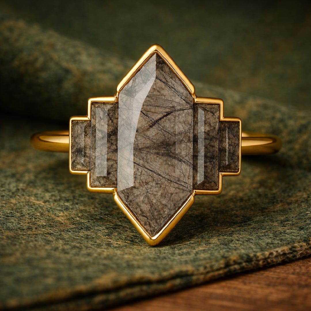 Natural Hexagon Rutile Quartz Ring Antique Salt and Pepper Wedding Ring ...