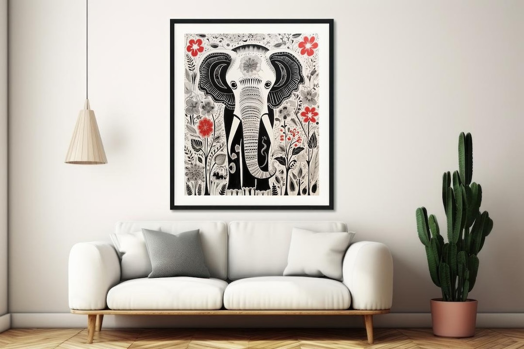 Block Print Elephant in Forest Art - Etsy