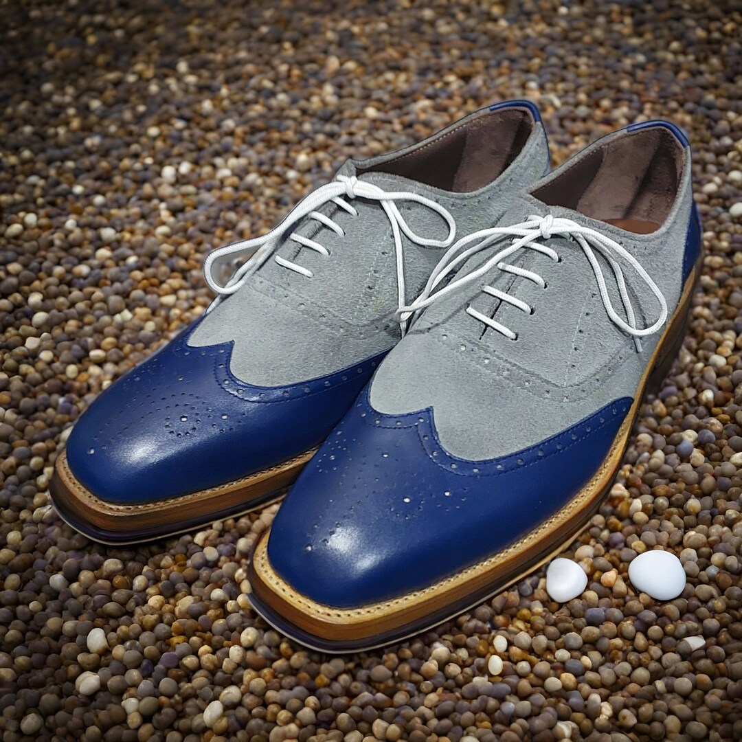 Men's Two-tone Navy Blue Leather & Gray Suede Wingtip Formal Dress ...
