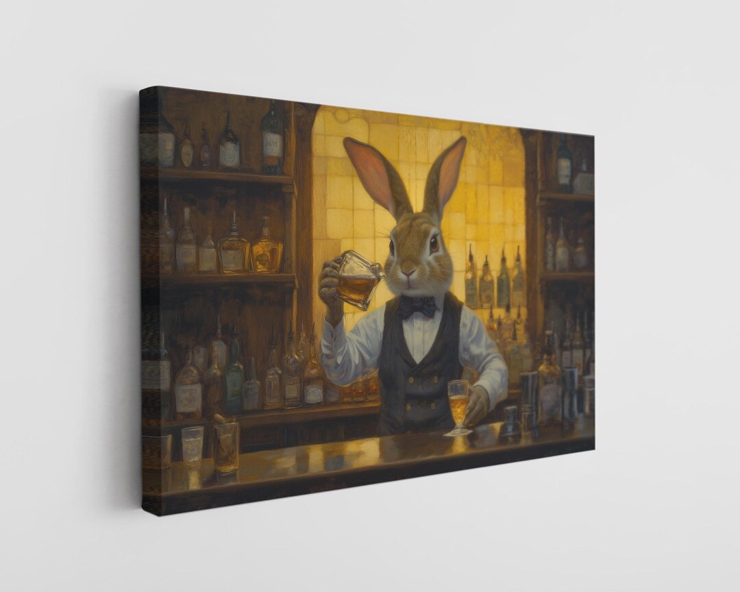Whiskey Bunny Wall Art: Rabbit Bartender Illustration - Lounge Decor - Etsy
