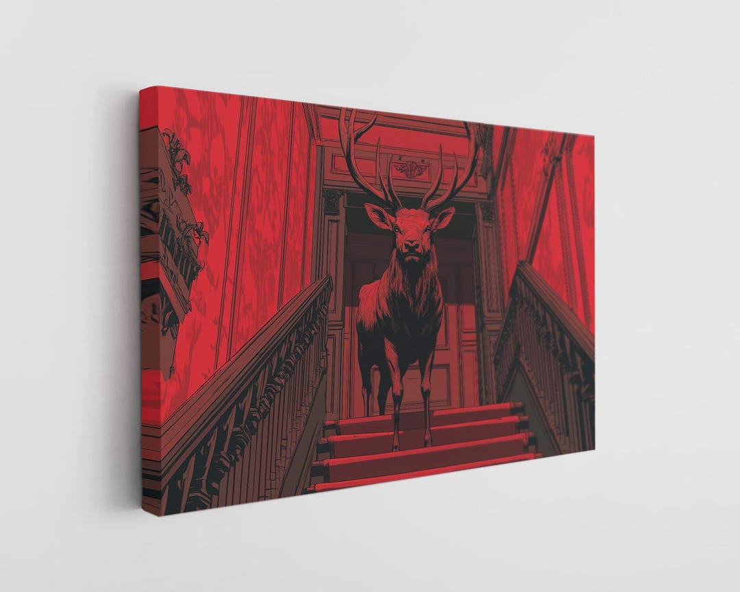 Red Stag Canvas, Gothic Deer Art, Staircase Print, Mystical Elk ...