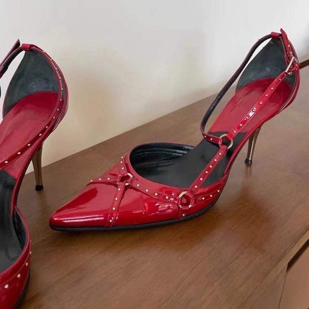 Red Femme Fatale Stiletto Heels With Studded Straps - Etsy