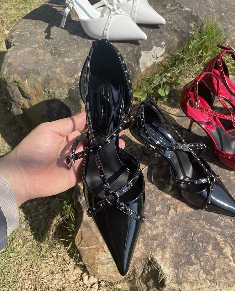 Red Femme Fatale Stiletto Heels With Studded Straps - Etsy