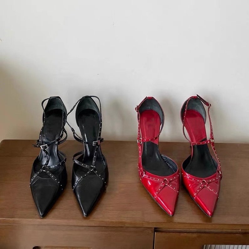 Red Femme Fatale Stiletto Heels With Studded Straps - Etsy