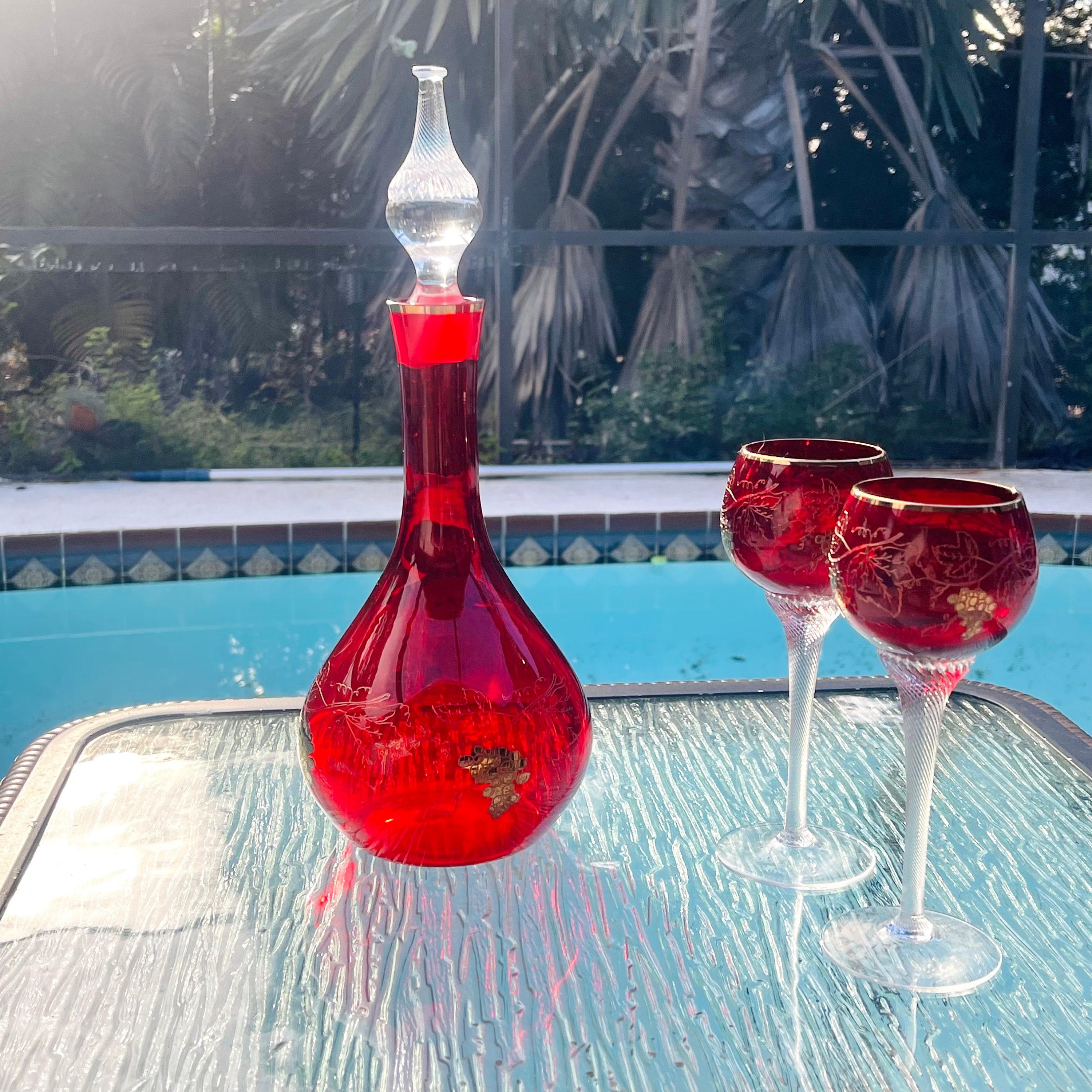 Vintage Ruby Red Wine Decanter Stemware Bohemian Glass Set Gold Leaf ...