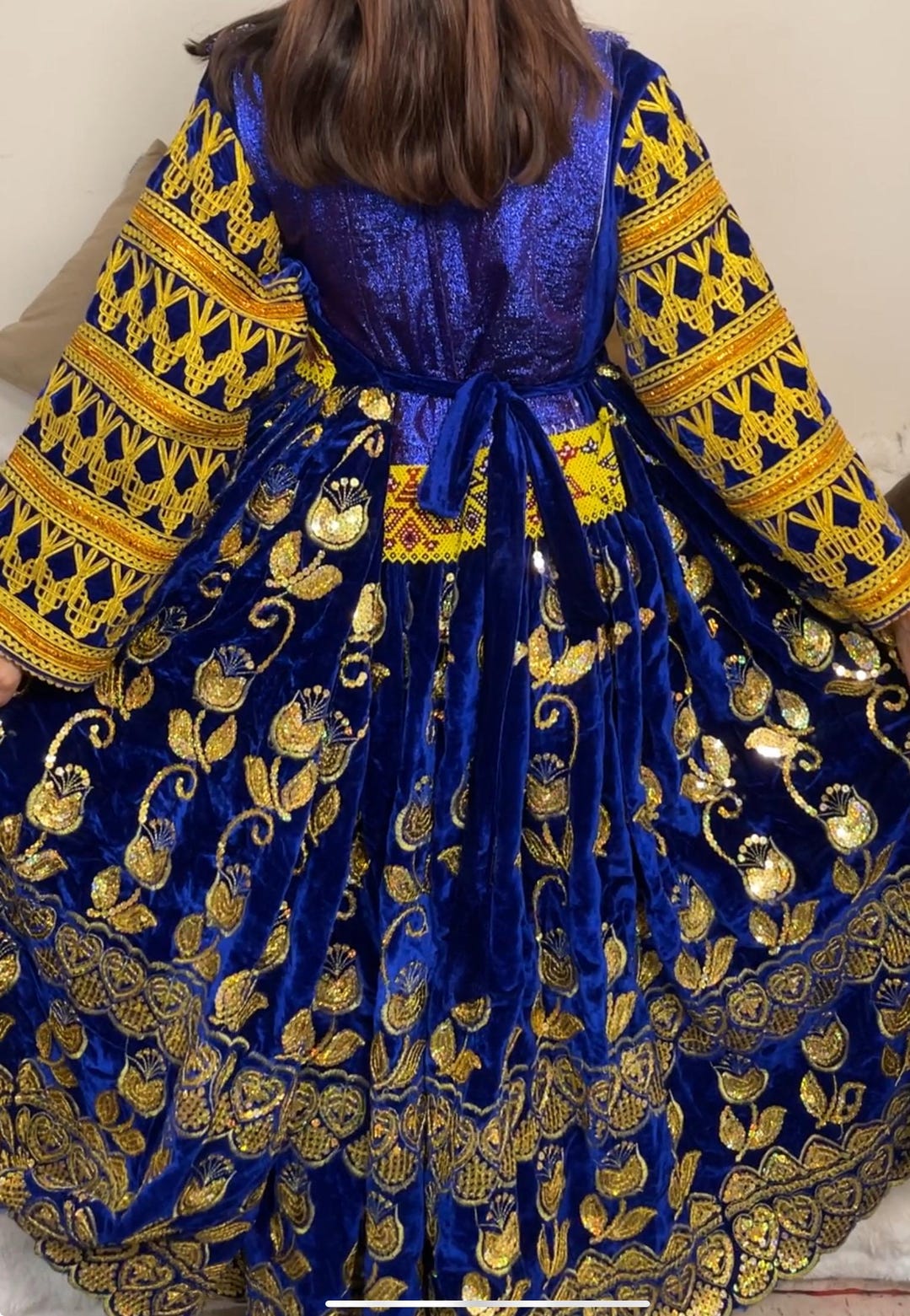 Afghan Blue and Golden Tribal Kuchi Bakhmal Dress With Hand Knotted ...