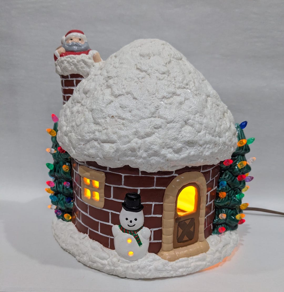 Vintage Ceramic Lighted Igloo House With Christmas Trees and Santa ...