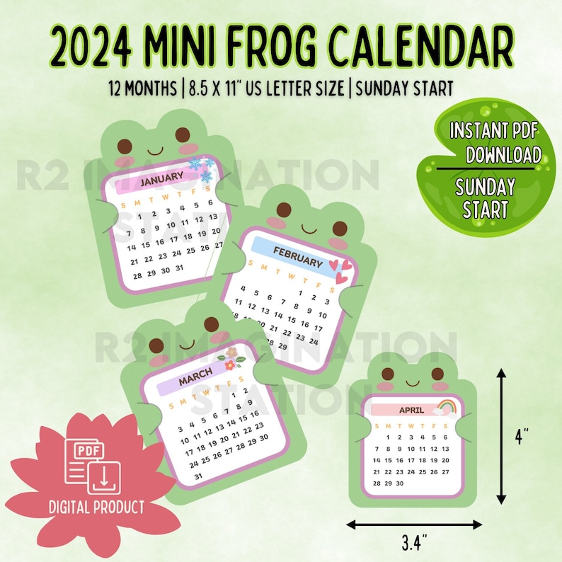 Mini Frog Calendar 2024 Cute Digital Printable Cute Froggy Planner Add ...