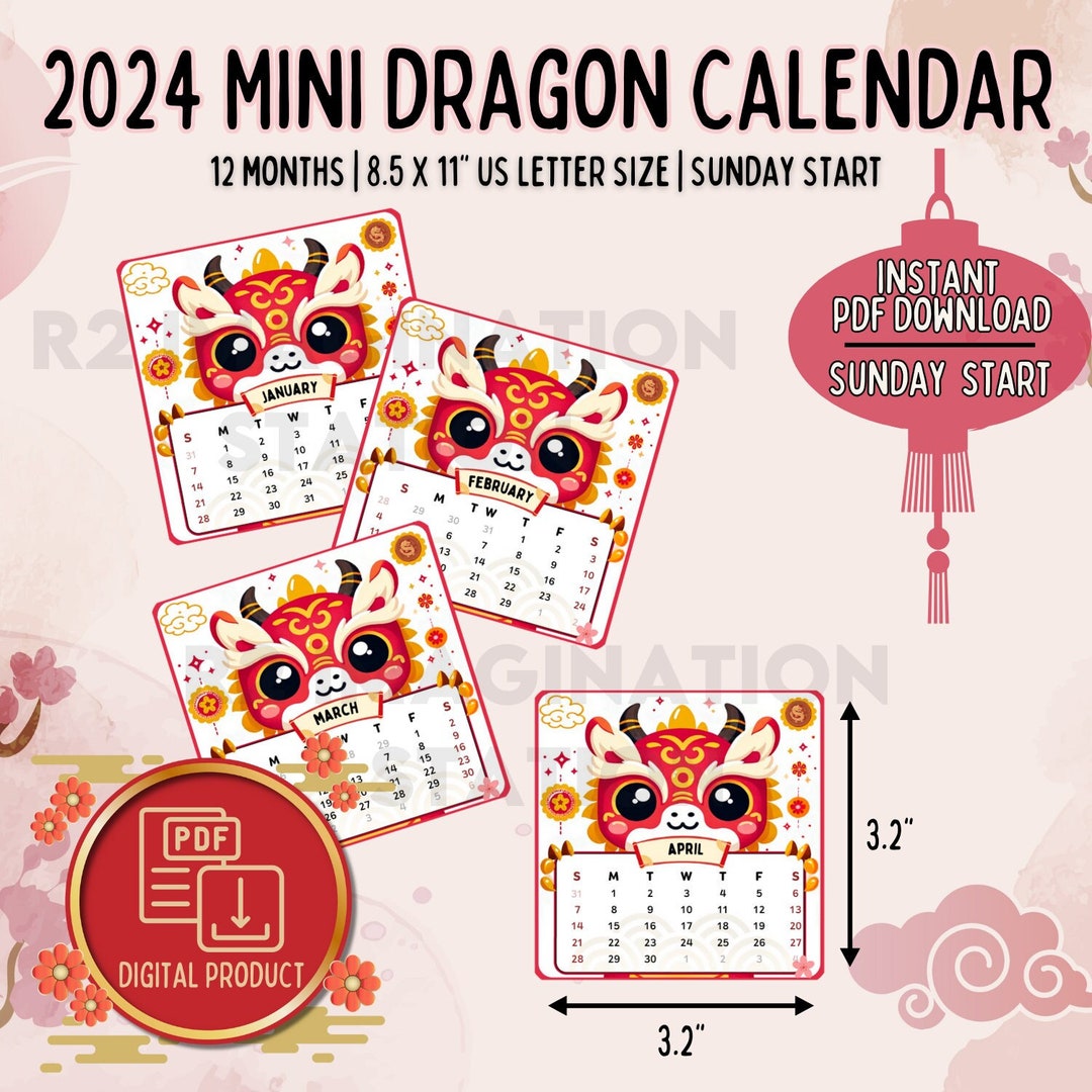 Mini Dragon Year Calendar 2024 Digital Printable Year of the Dragon ...