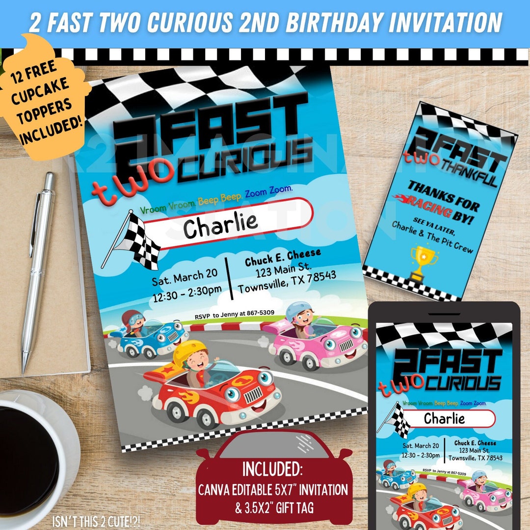 2 Fast 2 Curious Birthday Invitation and Tag Bundle - Editable Set ...