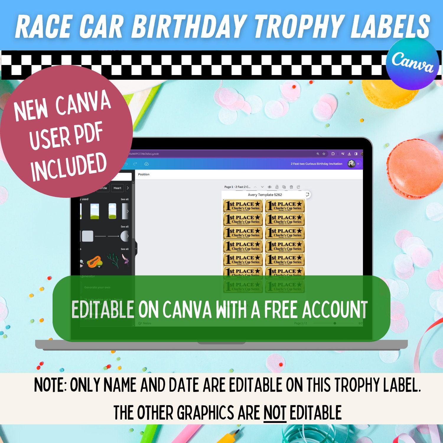 1st Place Trophy Racing Car Labels | Editable | Racing Race Car ...