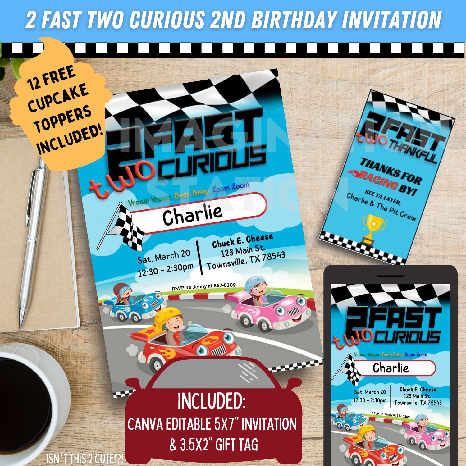 2 Fast 2 Curious Birthday Invitation and Tag Bundle - Editable Set ...