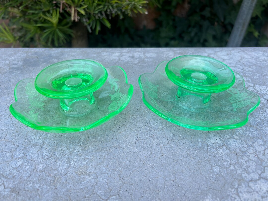 1930s Green Uranium Candle Stick Holders Flower Pattern - Etsy