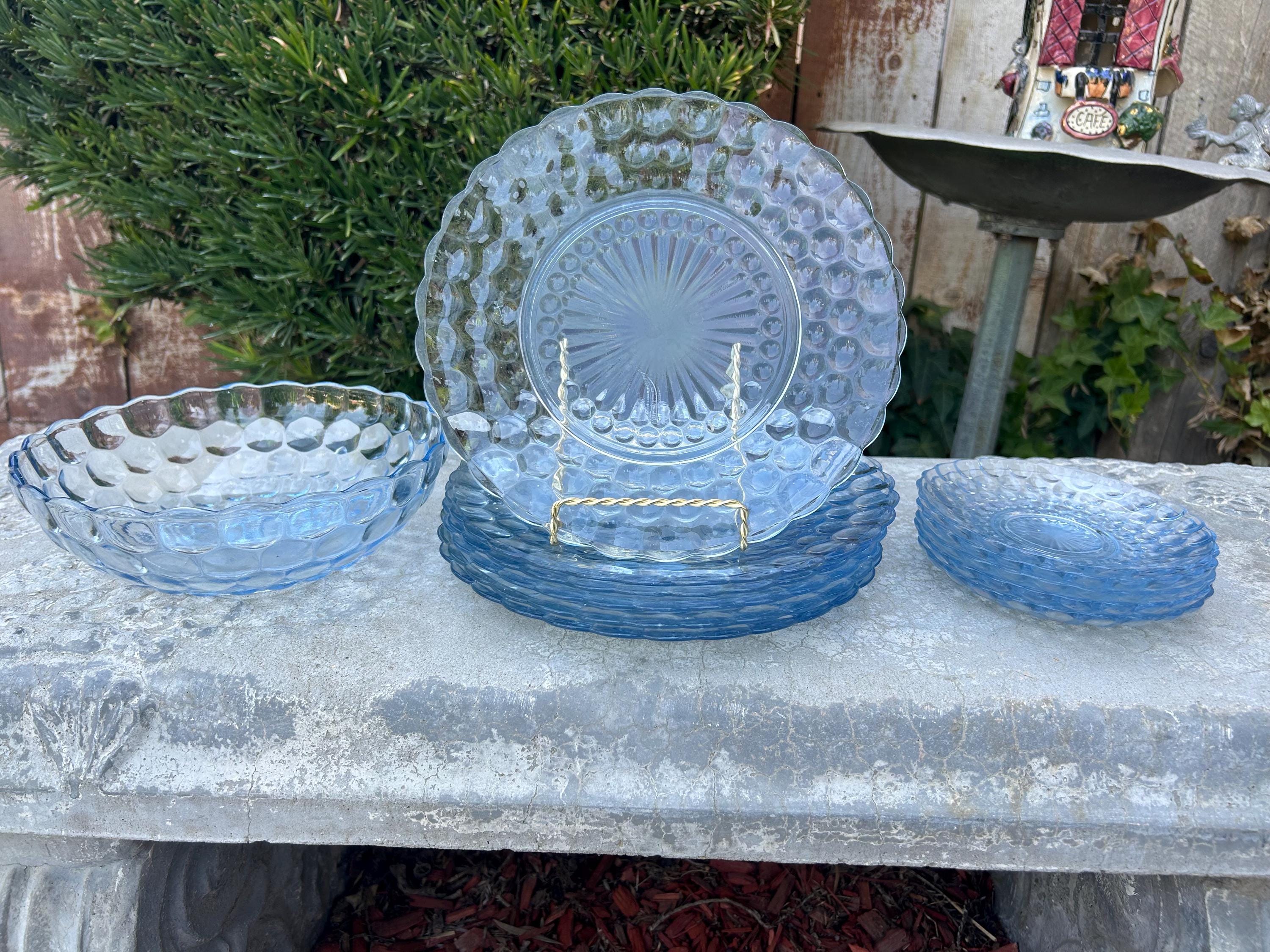 Anchor Hocking Blue Bubble Glass Plates, Saucers, and Veg Bowl, Sold ...