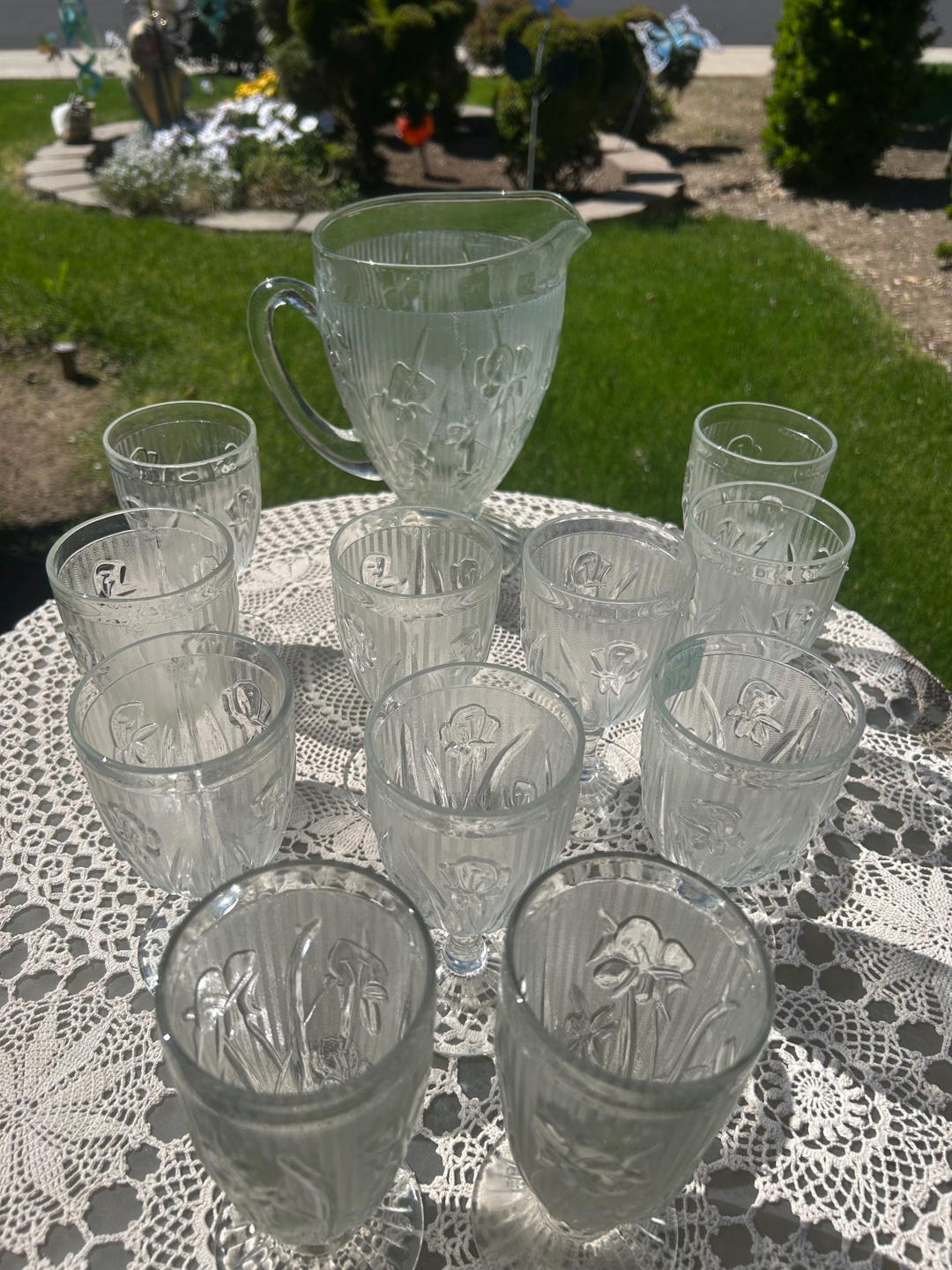 Vintage Jeannette Iris and Herringbone Pattern Large Pitcher and Footed Tumblers Pieces Sold ...