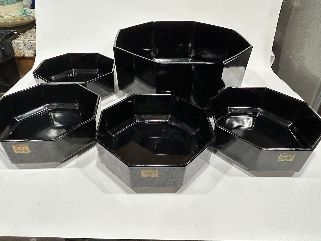 Vtg Arcoroc Octagon Black Glass Salad Bowl W 4 Matching Bowls Original ...