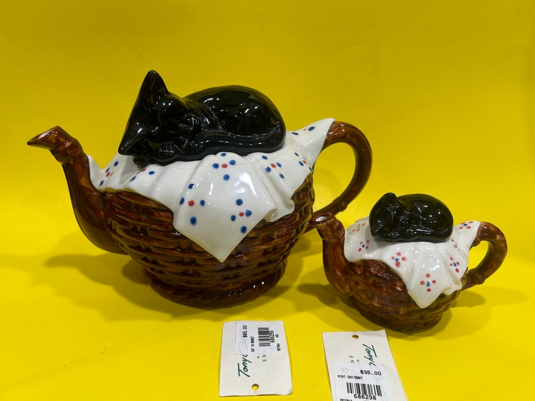 Vtg Tony Carter Black Cat Teapots Regular Size & Mini Sleeping on a ...