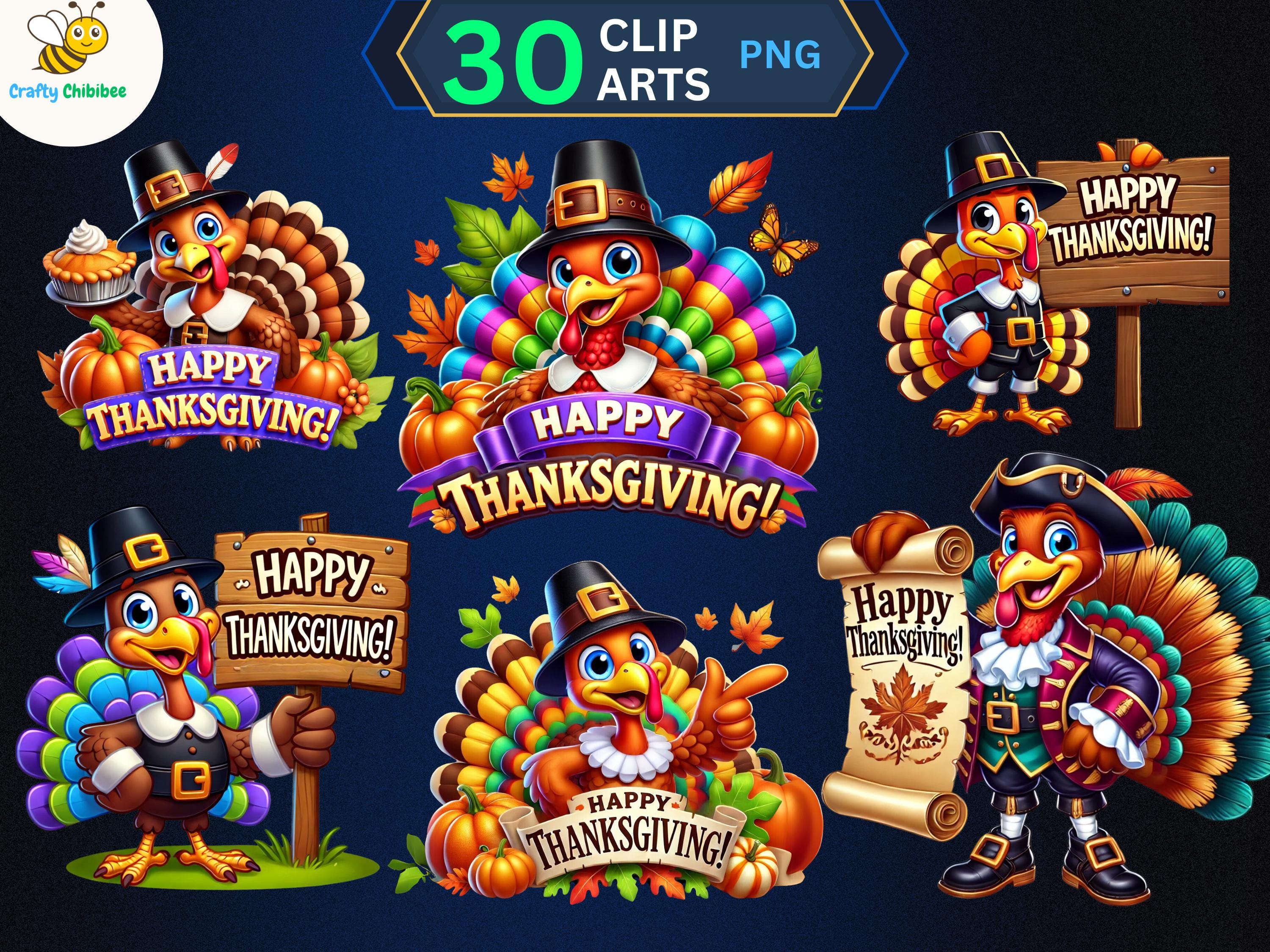 Happy Thanksgiving Clipart Bundle | 30 Cartoon Turkey Happy ...